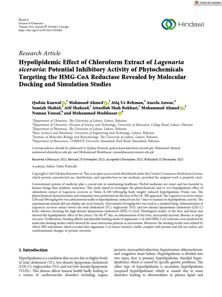 Journal of Chemistry - 2023 - Kanwal - Hypolipidemic Effect of ...