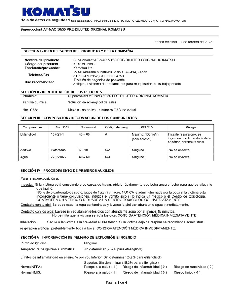 MSDS Komatsu Coolant | PDF | Agua | Ventilación (Arquitectura)