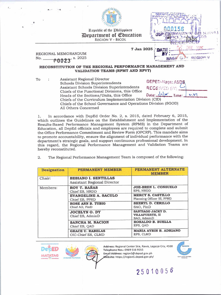 Unnumbered January 10 2025 Reconstitution of The Regional Performance ...
