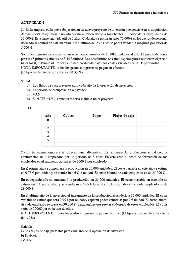 Actividad 1 - Ut5 | PDF | Inversiones | Flujo de efectivo