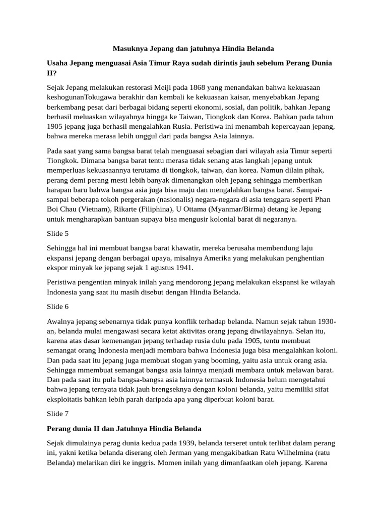 Narasi Masuknya Jepang Dan Jatuhnya Hindia Belanda | PDF