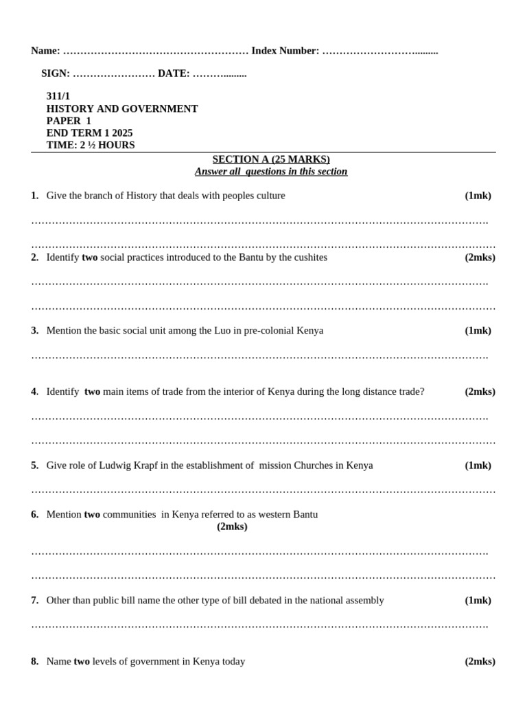History & Government f4 Pp1 Qs | PDF