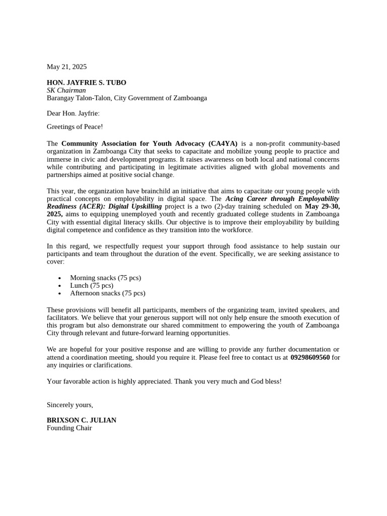 Letter For Request FOOD | PDF