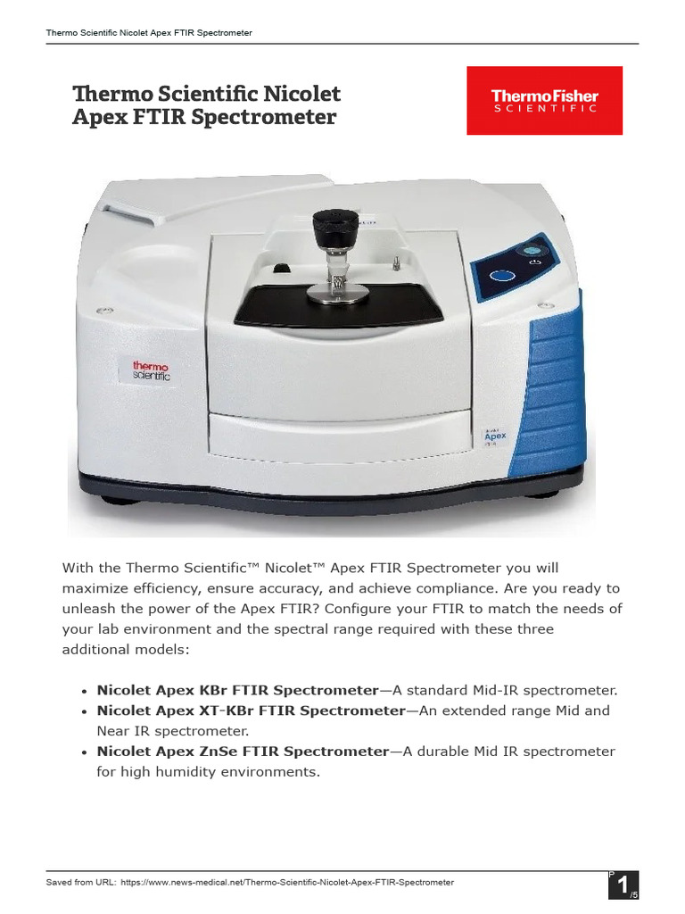 Thermo Scientific Nicolet Apex FTIR Spectrometer | PDF | Raman Spectroscopy | Infrared Spectroscopy