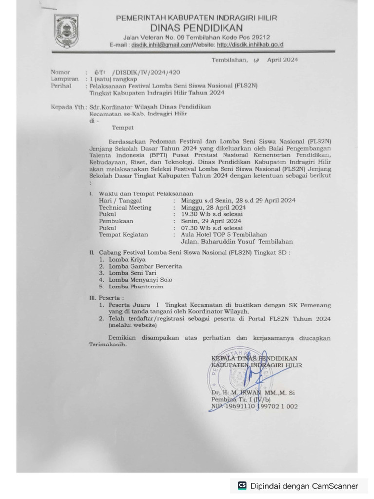 Surat Pelaksanaan FLS2N Jenjang SD Tahun 2024 | PDF