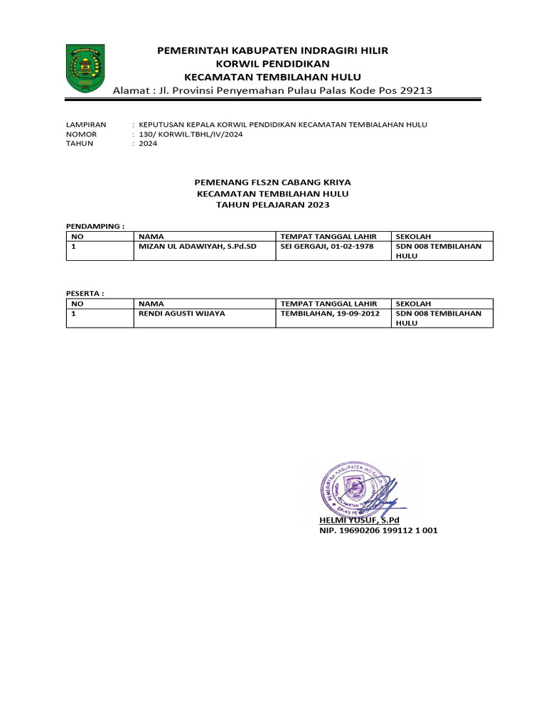 SK Fls2n Kriya Kec. Tembilahan Hulu | PDF