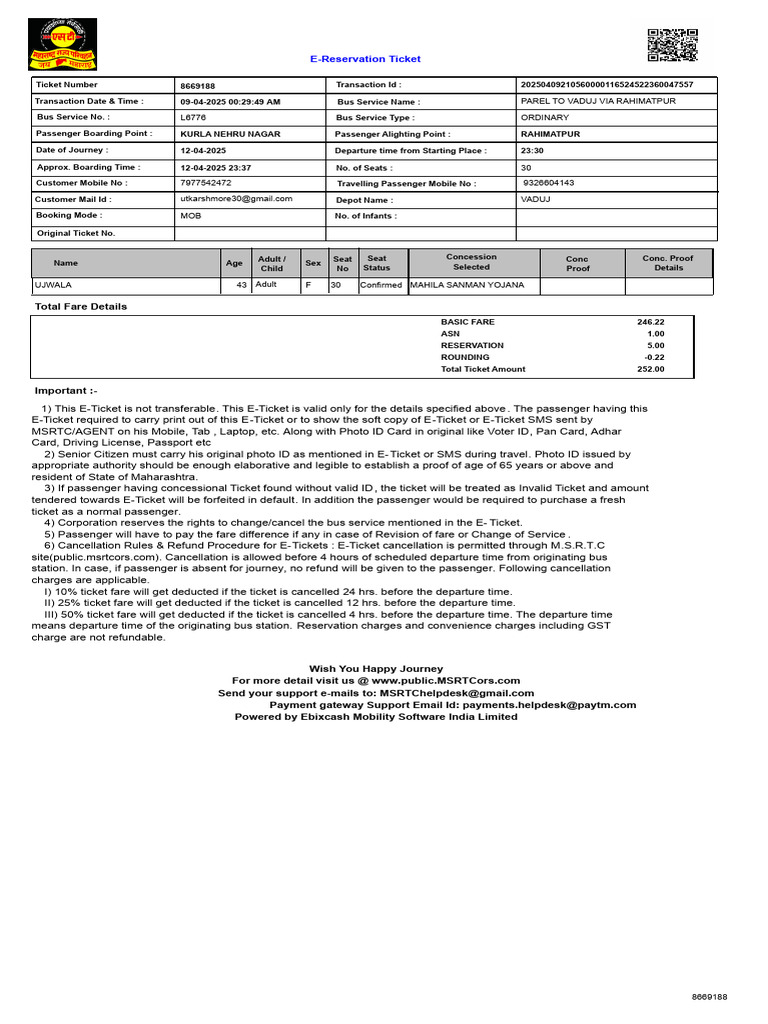 E-Reservation Ticket: Parel To Vaduj Via Rahimatpur L6776 Ordinary ...