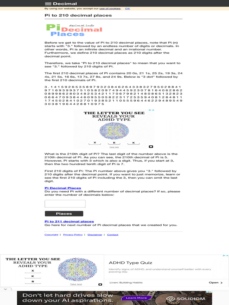 Pi To 210 Decimal Places | PDF