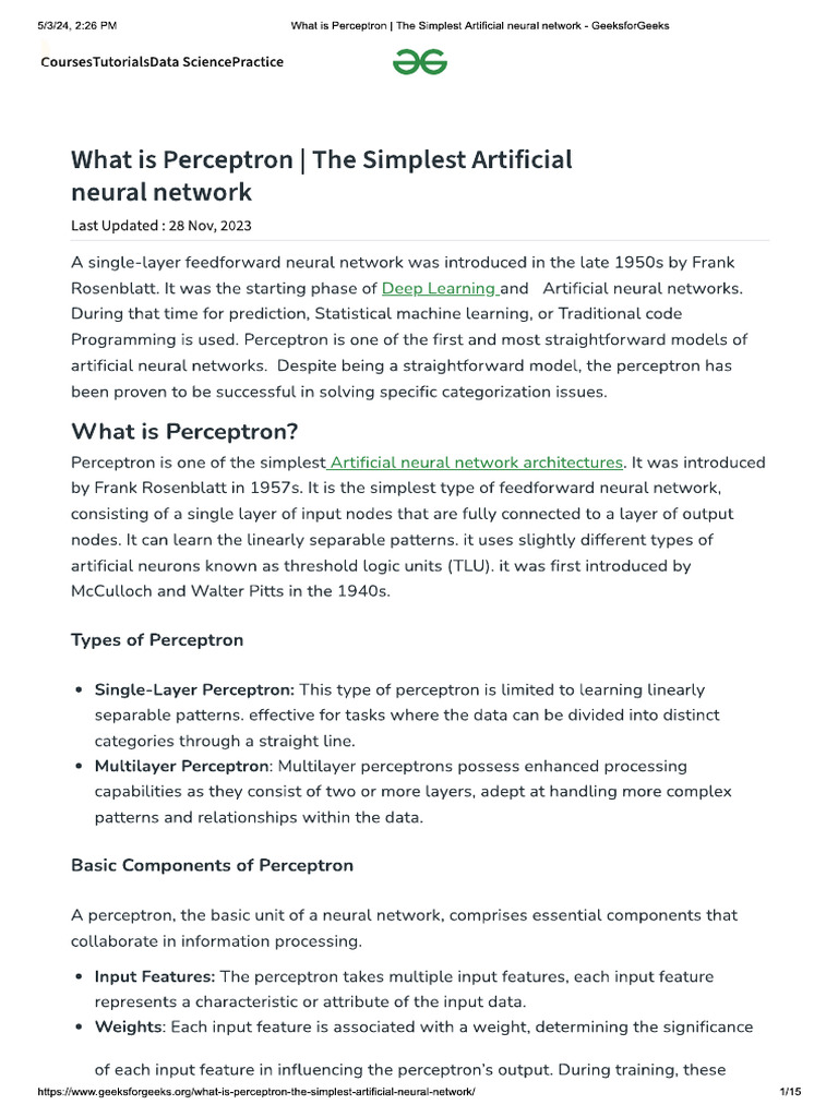 perceptron in ANN | PDF