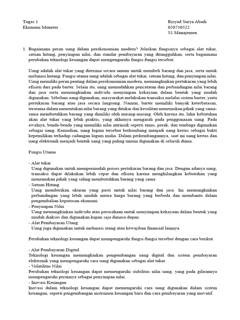 Tugas 1 Ekonomi Moneter | PDF