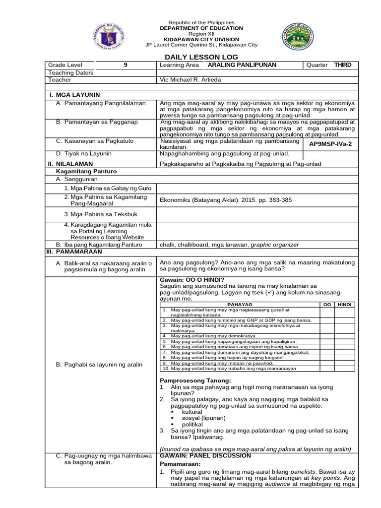 Lesson Plan - Pagkakapareho at Pagkakaiba ng Pagsulong at Pag-unlad | PDF
