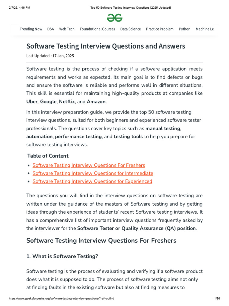 Top 50 Software Testing Interview Questions (2025 Updated) | PDF ...