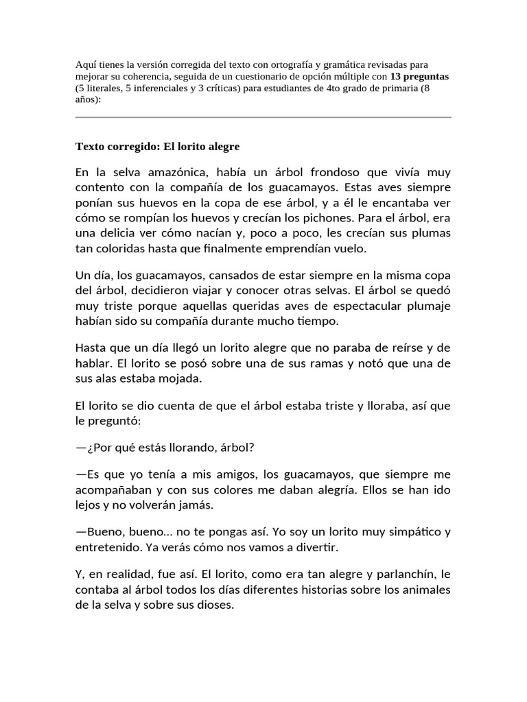 El lorito alegre y su amistad con el árbol | PDF | Comprensión lectora ...