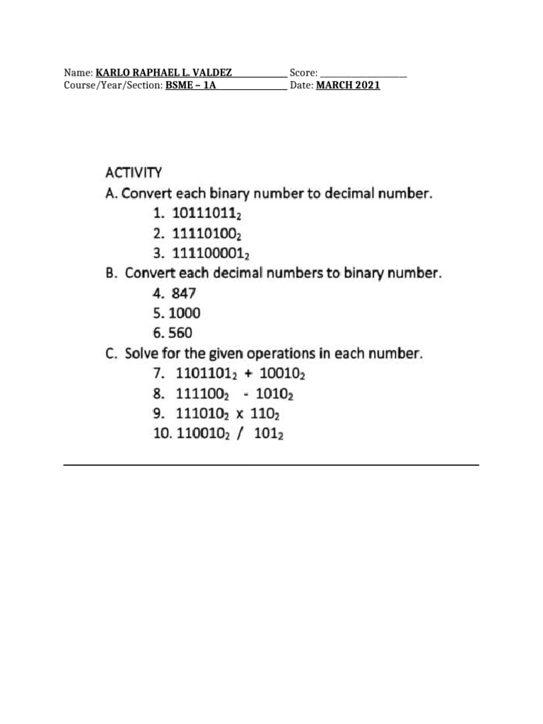 Karlo Valdez Bsme1a Binary Numbers | PDF