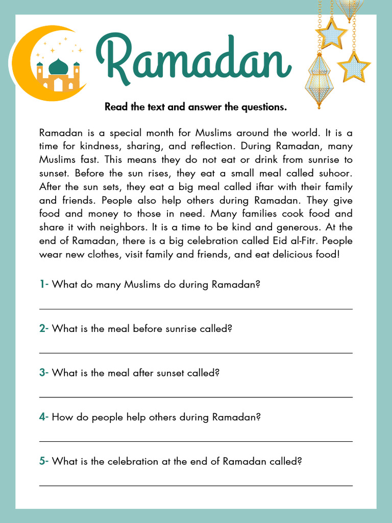 Ramadan Reading Comprehension Worksheet in Green Orange Simple Style | PDF
