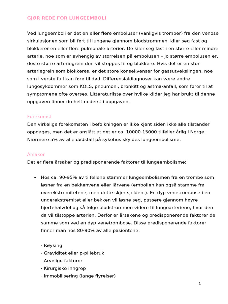 Gjør Rede For Lungeemboli | PDF