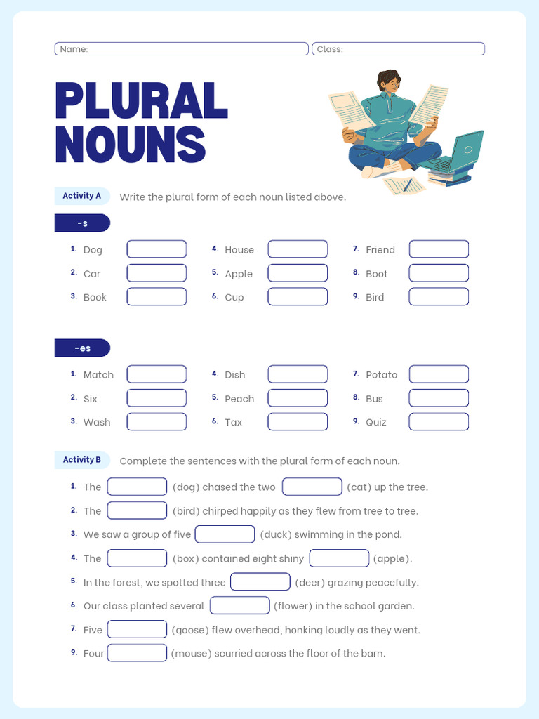 Plural Nouns Worksheet in Blue White Simple Style | PDF