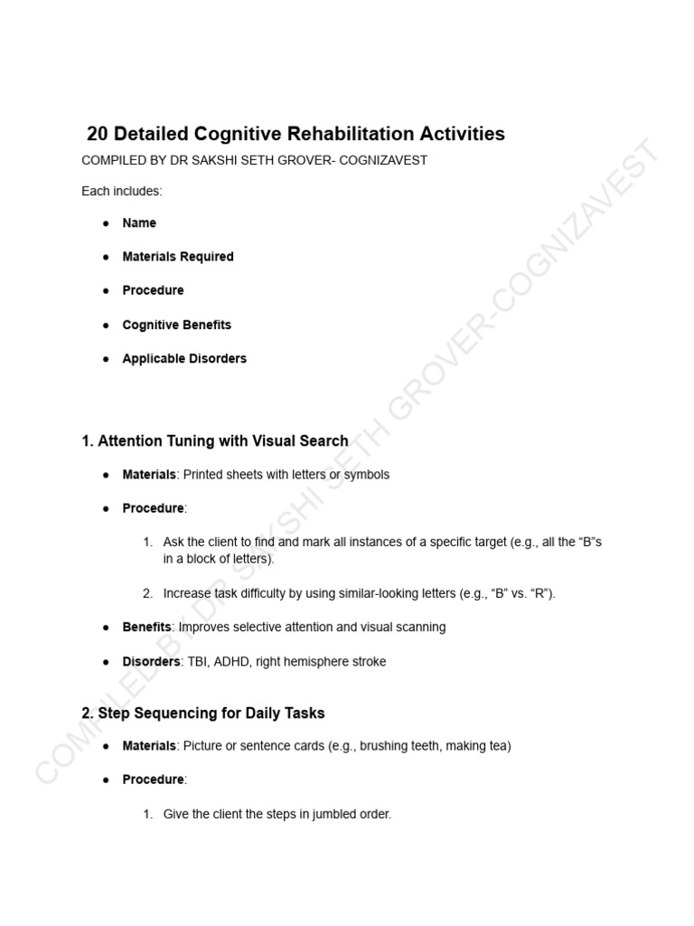 20 Cognitive Rehabilitation Activities | PDF | Aphasia | Attention