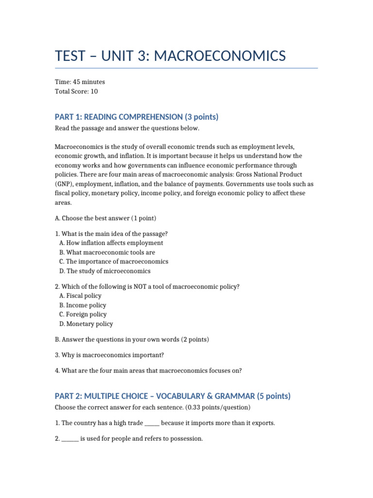 Macroeconomics Test: Concepts & Tools | PDF | Macroeconomics | Fiscal ...