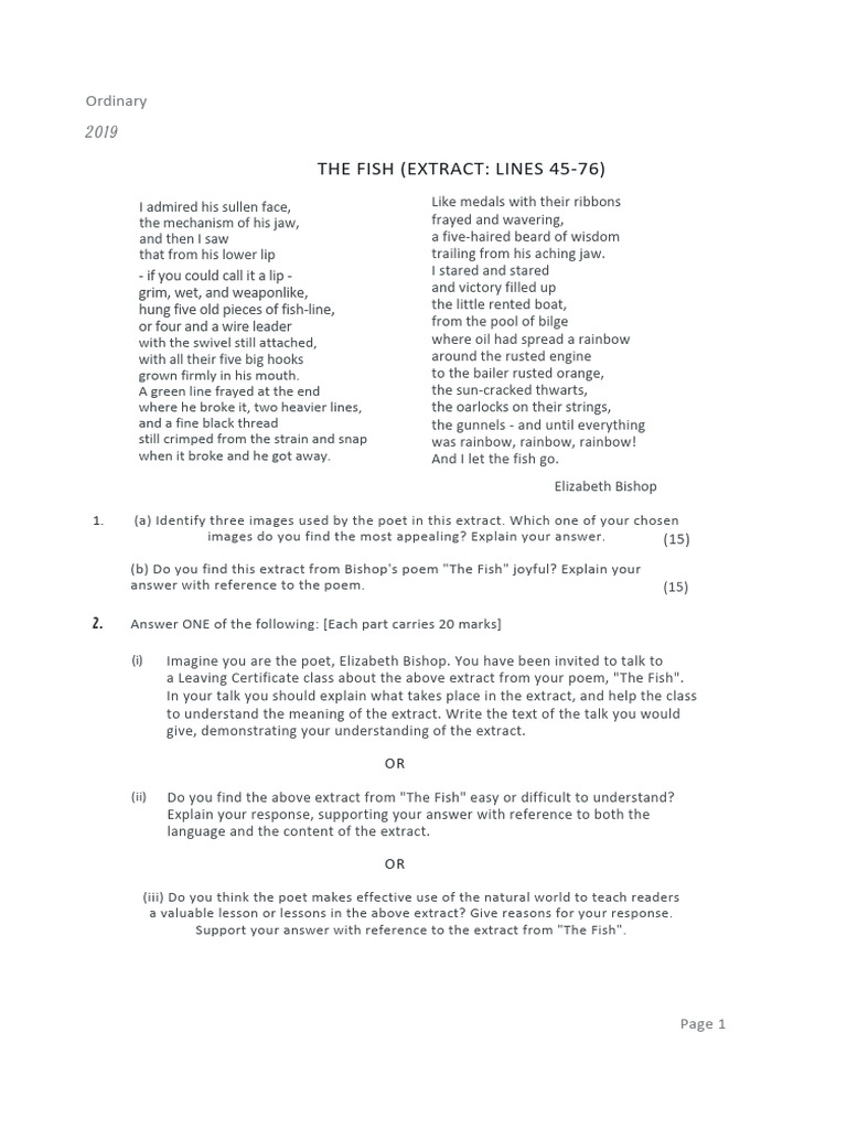 Elizabeth Bishop's "The Fish" Analysis | PDF | Poetry