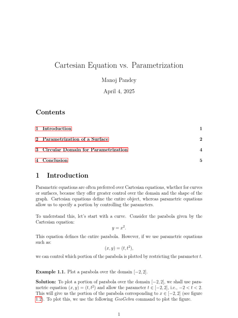 Cartesian vs. Paramtrization | PDF | Equations | Mathematical Concepts