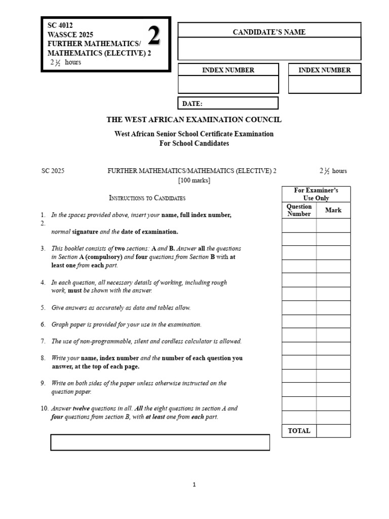 Sierra Leone Elective Maths 2025 | PDF | Acceleration | Sequence