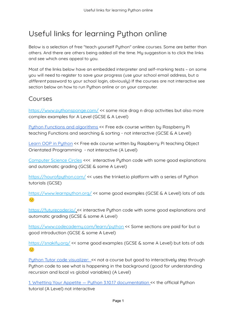 Useful Links For Learning Python Online | PDF | Computing | Cyberspace