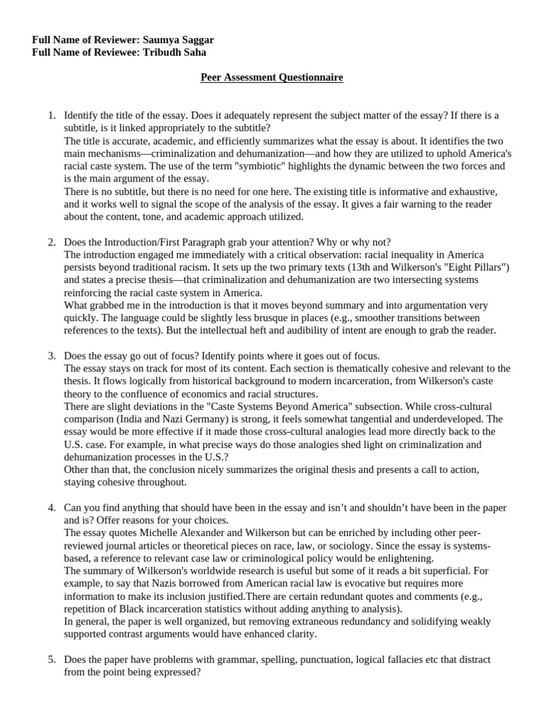 Peer Assessment Questionnaire | PDF | Essays | Liberal Arts Education