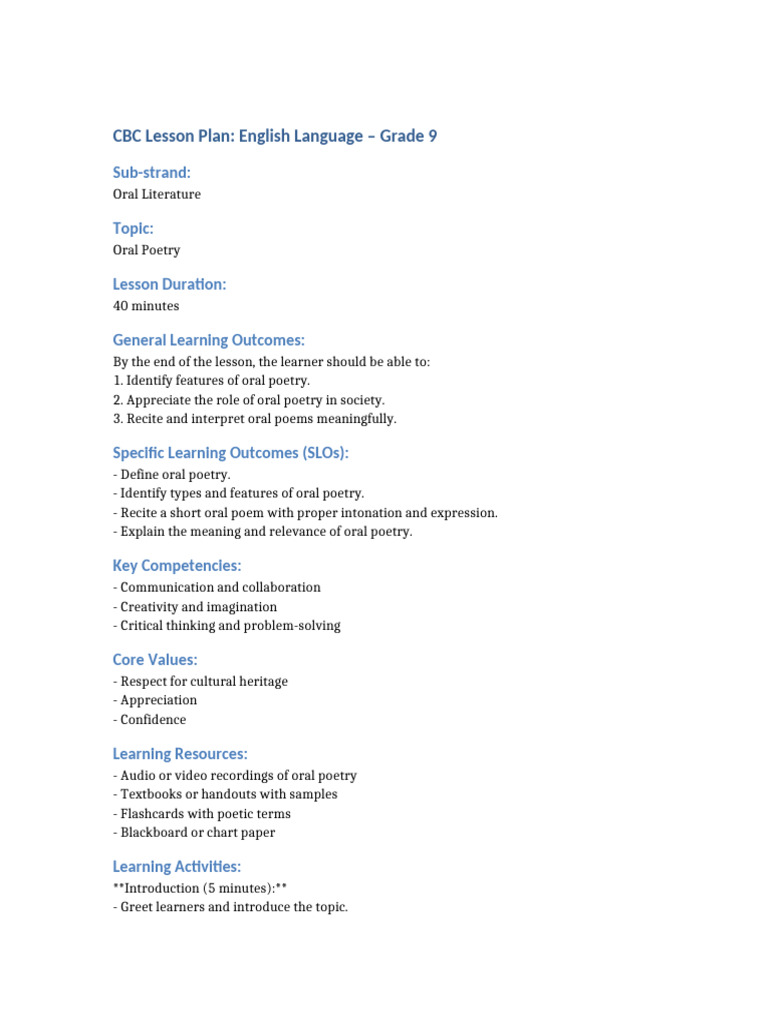 CBC Lesson Plan Grade9 Oral Poetry | PDF