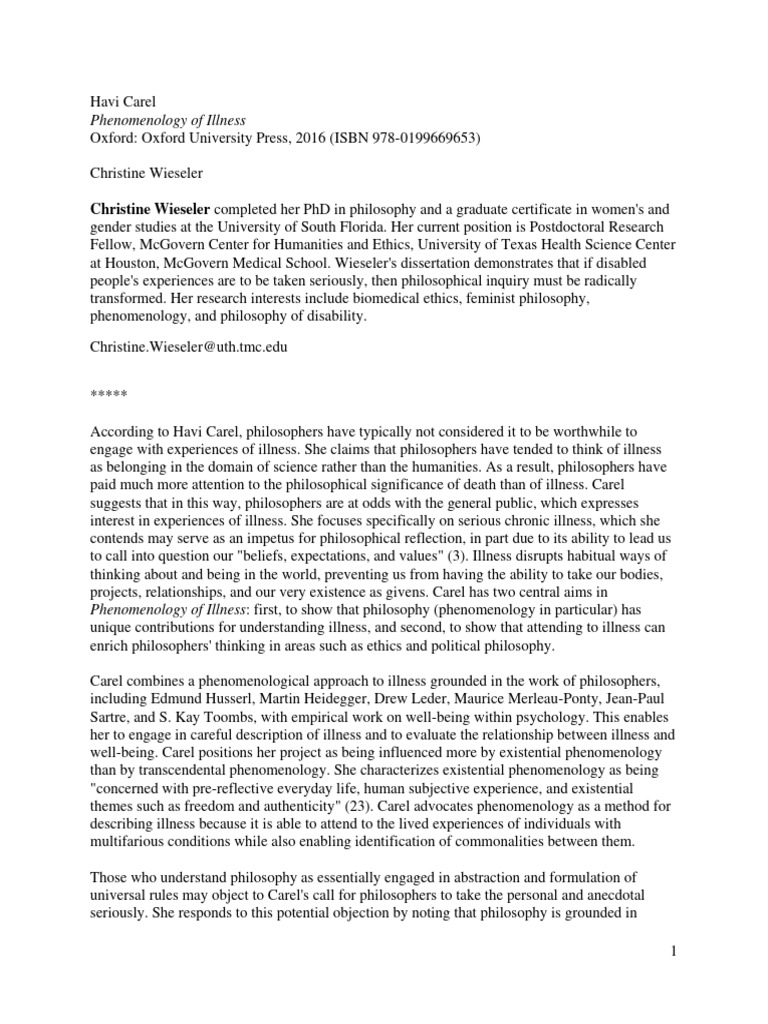 Carel's Phenomenology of Illness Insights | PDF | Phenomenology ...