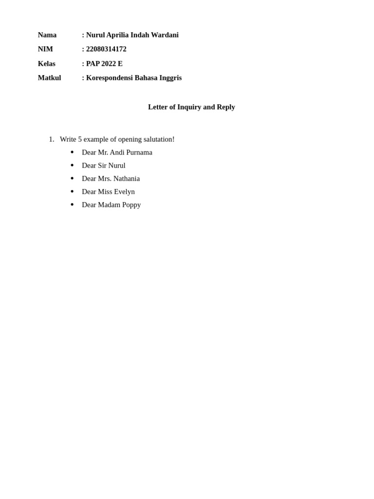 172 - Nurul Aprilia - PAP 22 E - Letter of Inquiry and Reply | PDF