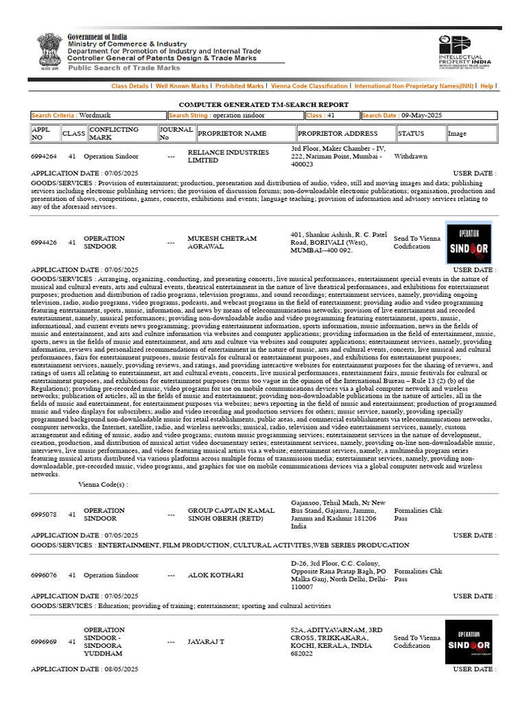 TM Application For Operation Sindoor | PDF | Entertainment | Information