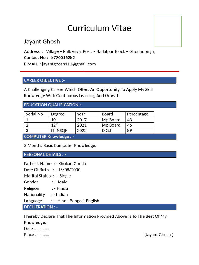 Jayant Ghosh Curriculum Vitae | PDF