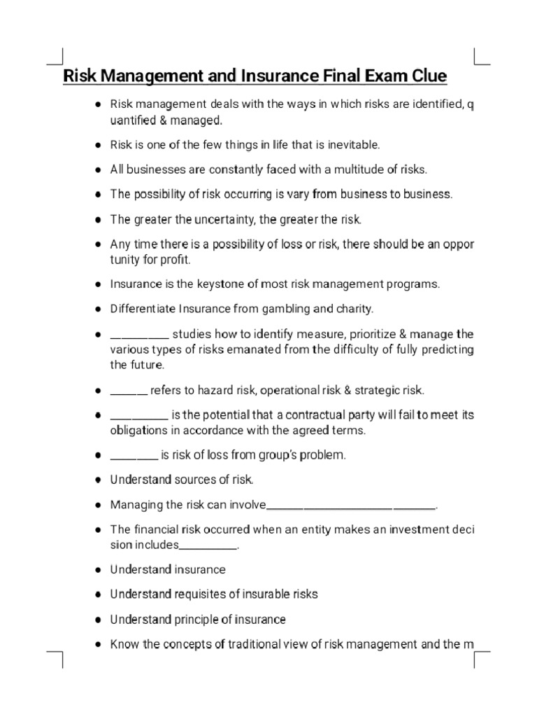 Risk Management and Insurance Final Exam Clue - Phoenix | PDF