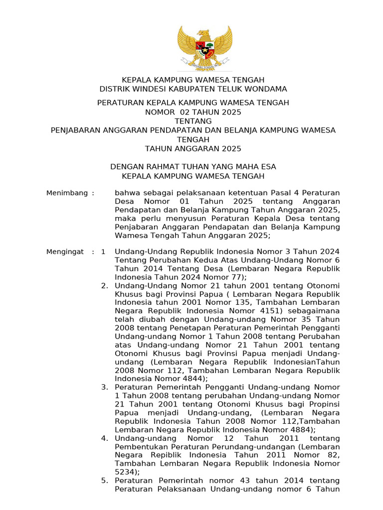 Penjabaran APB Kampung Wamesa 2025 | PDF