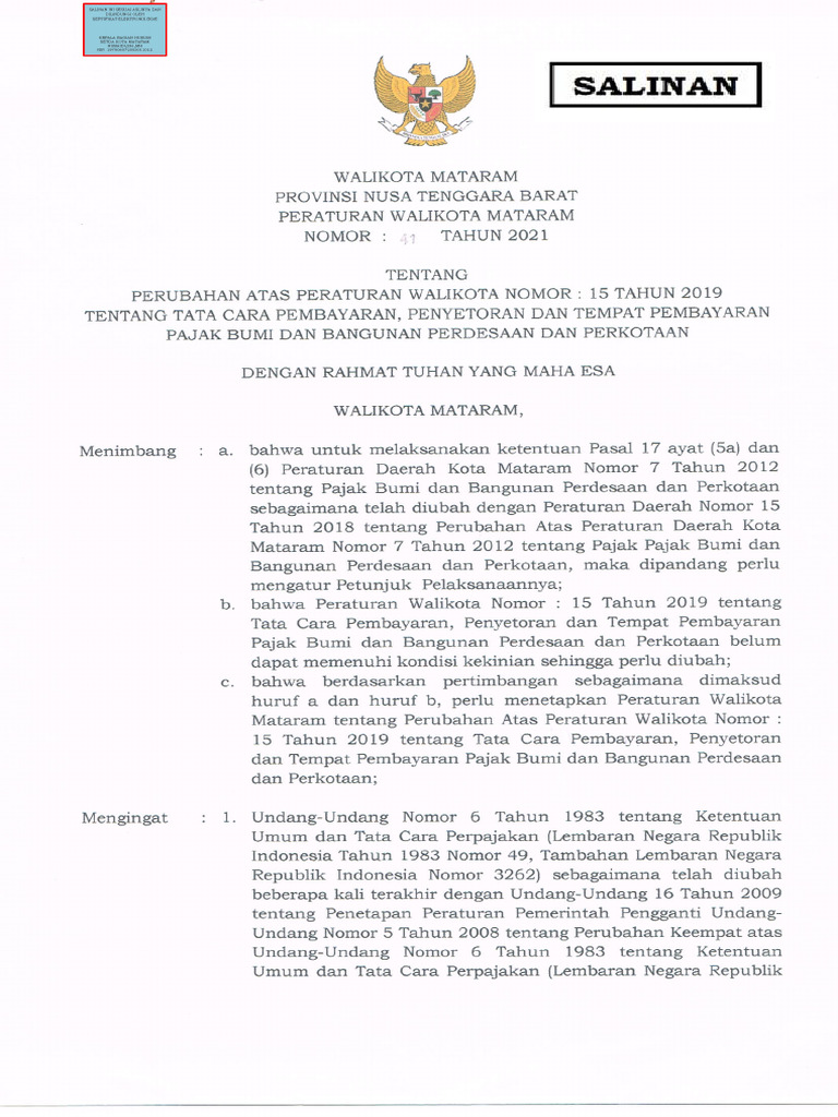 PERWAL NOMOR 41 TAHUN 2021 Tentang Perubahan Atas PERWAL Nomor 15 Tahun ...