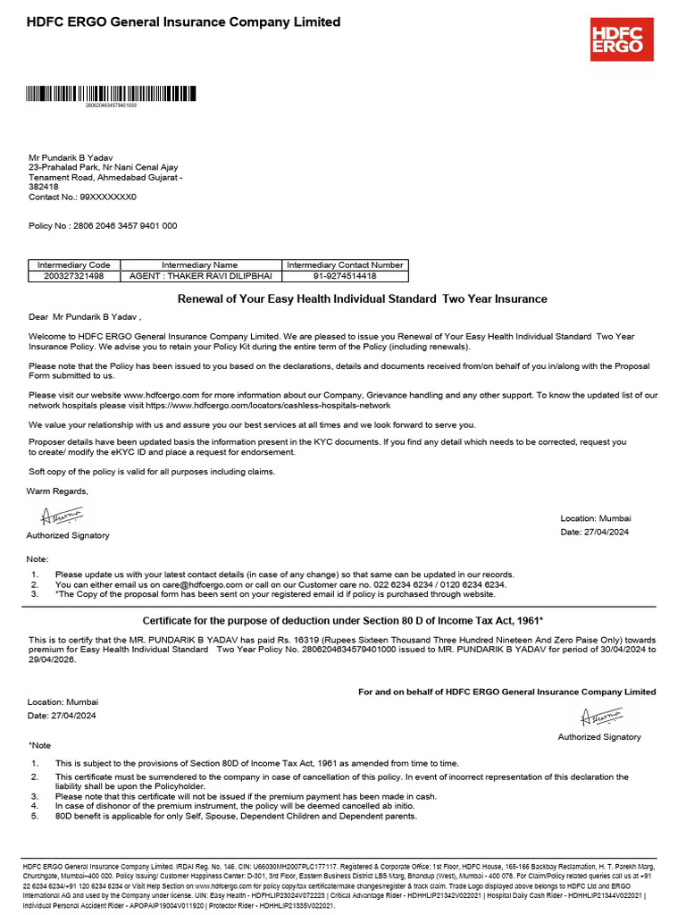 Renewal of Your Easy Health Individual Standard Two Year Insurance ...