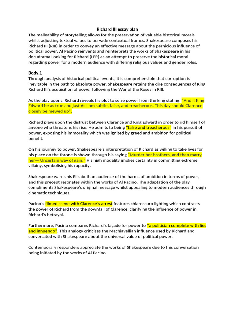 Richard III Essay Plan | PDF | William Shakespeare