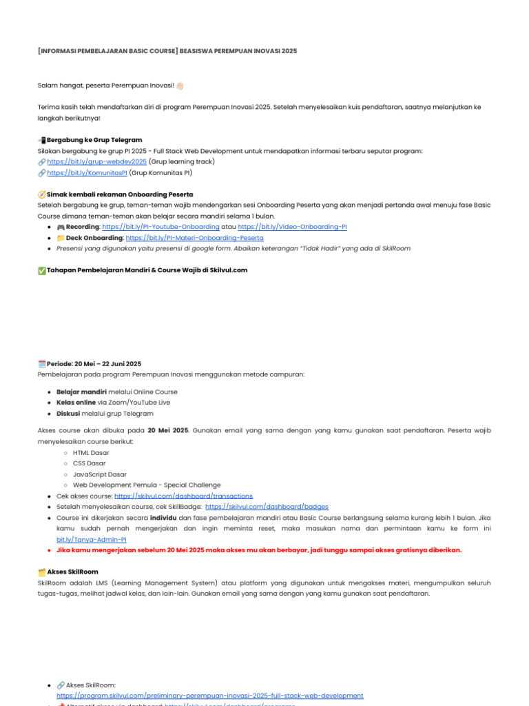 (Informasi Pembelajaran Basic Course) Beasiswa Perempuan Inovasi 2025 (FS) | PDF