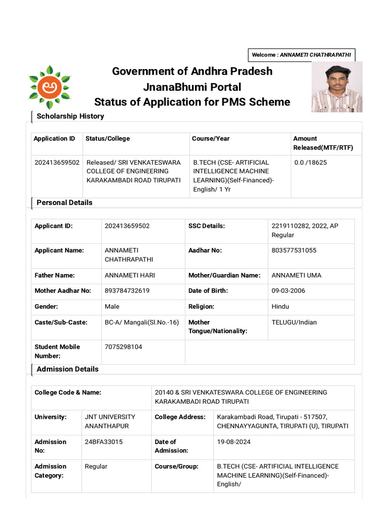 Chathrapathi Scholarship Application | PDF
