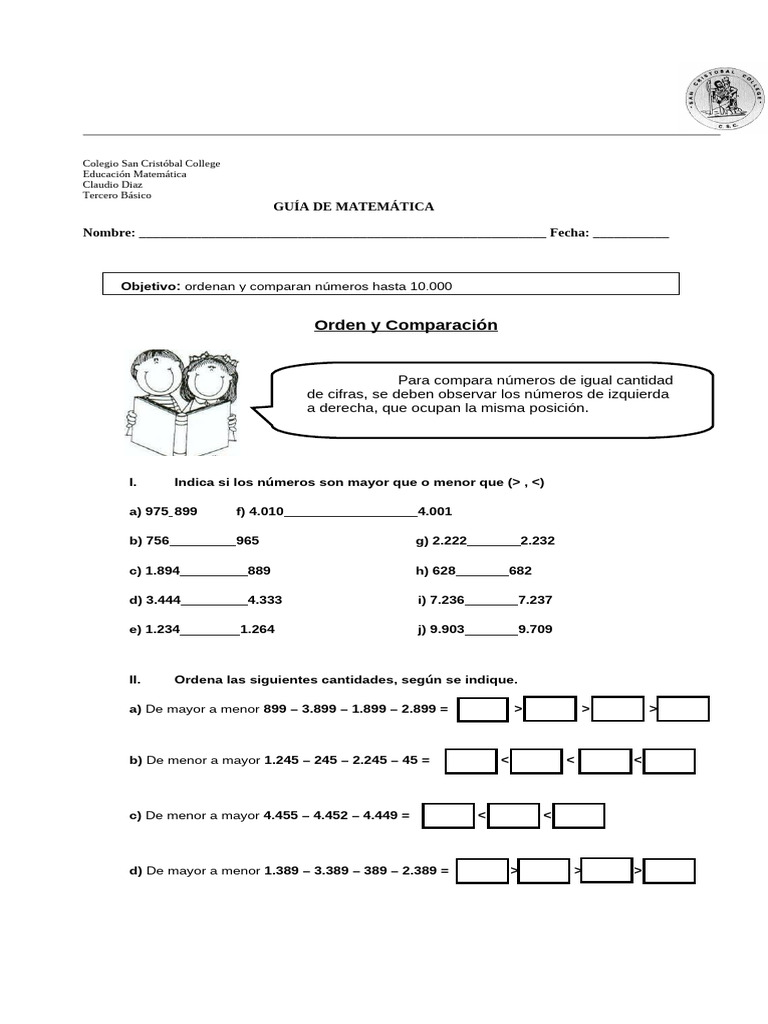 GUÍA 3° ORDEN Y COMPARACION DE NÚMEROS | PDF
