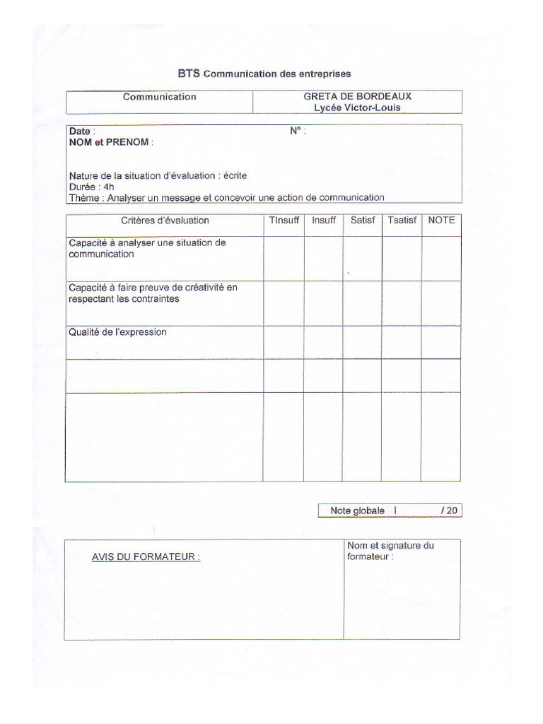 Fiche Évaluation BTS Com | PDF