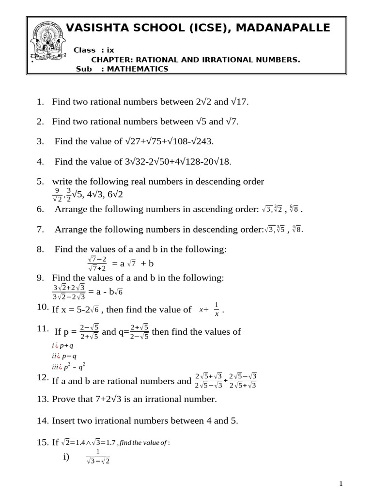 Rational and Irrational Numbers | PDF | Division (Mathematics) | Real ...