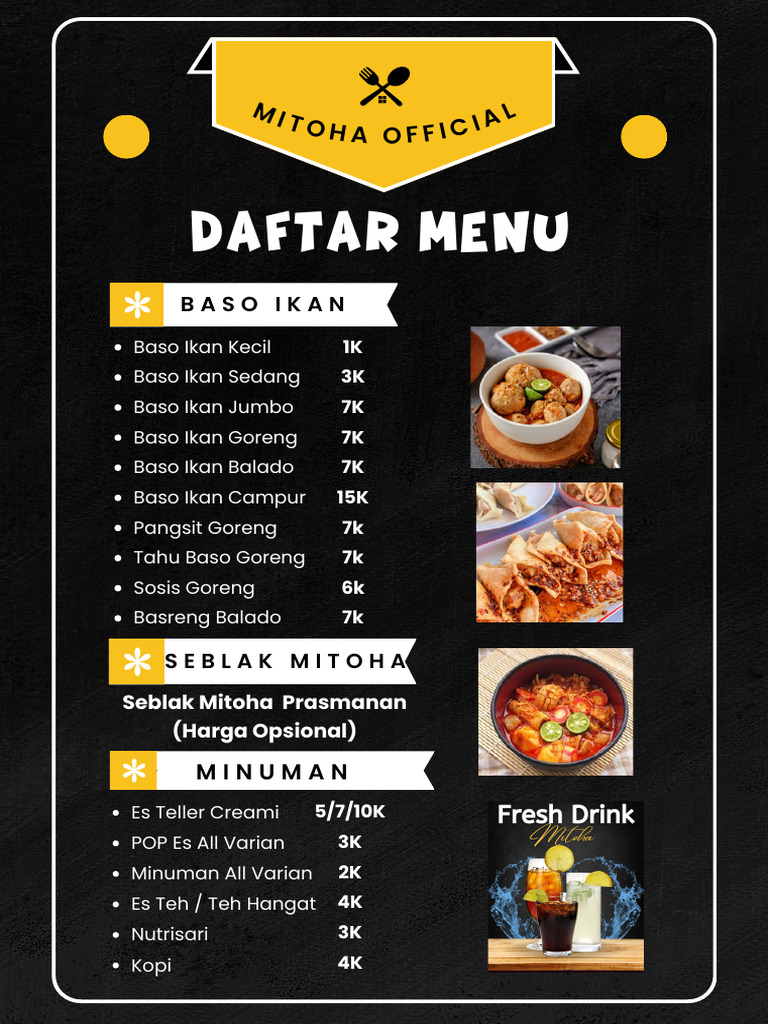 Hitam Kuning Modern Sederhana Daftar Menu Makanan A4 | PDF