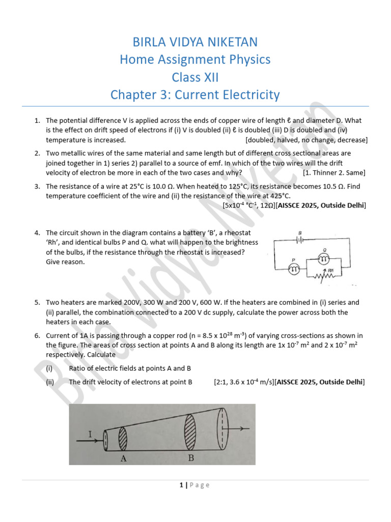 CH3 - Physics - Home Assignment - Current Electricity | PDF | Electric Current | Electricity