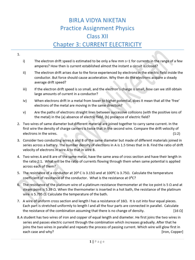 CH3 - Physics - Practice Assignment - Current Electricity | PDF | Electric Current | Series And ...