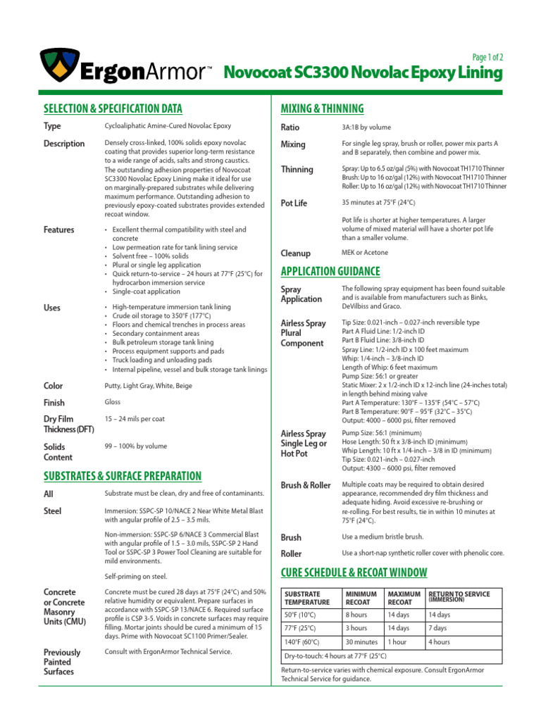 Novocoat SC3300 Novolac Epoxy Lining | PDF | Epoxy | Concrete