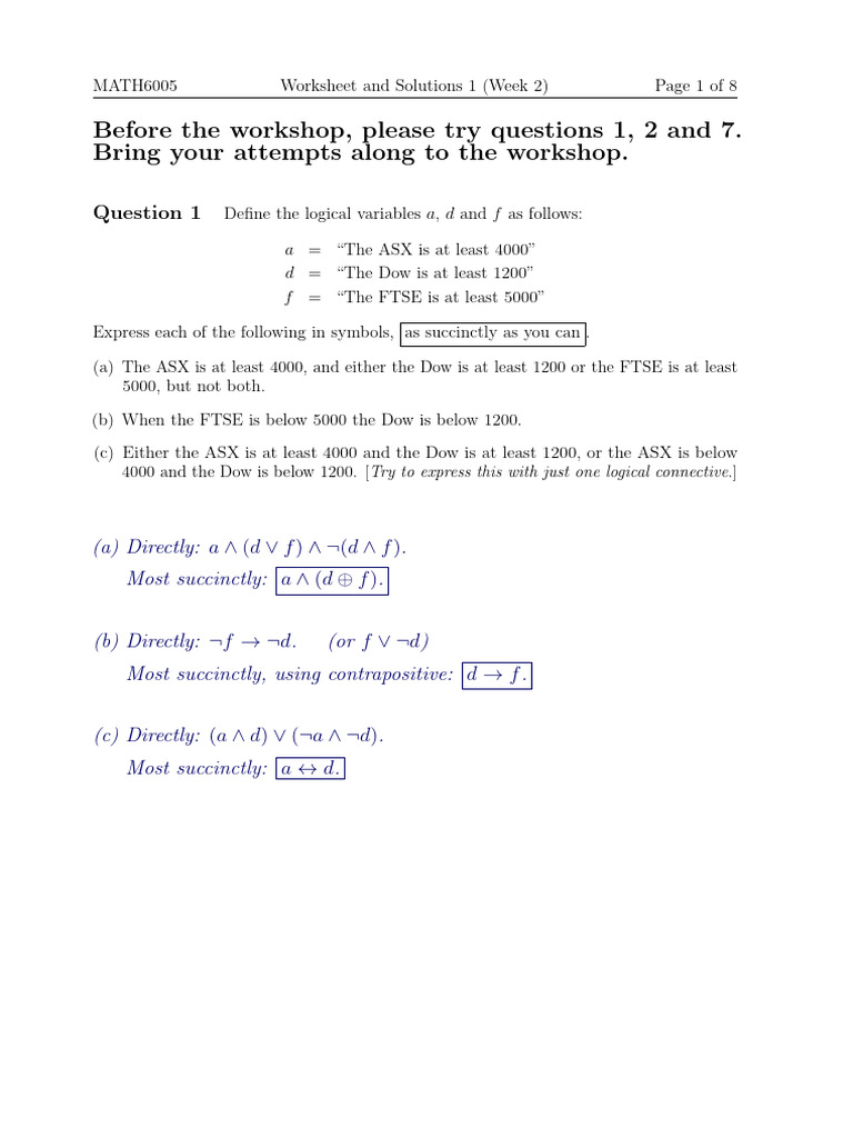Worksheet1 6005 Solutions | PDF | Logic | Mathematical Logic
