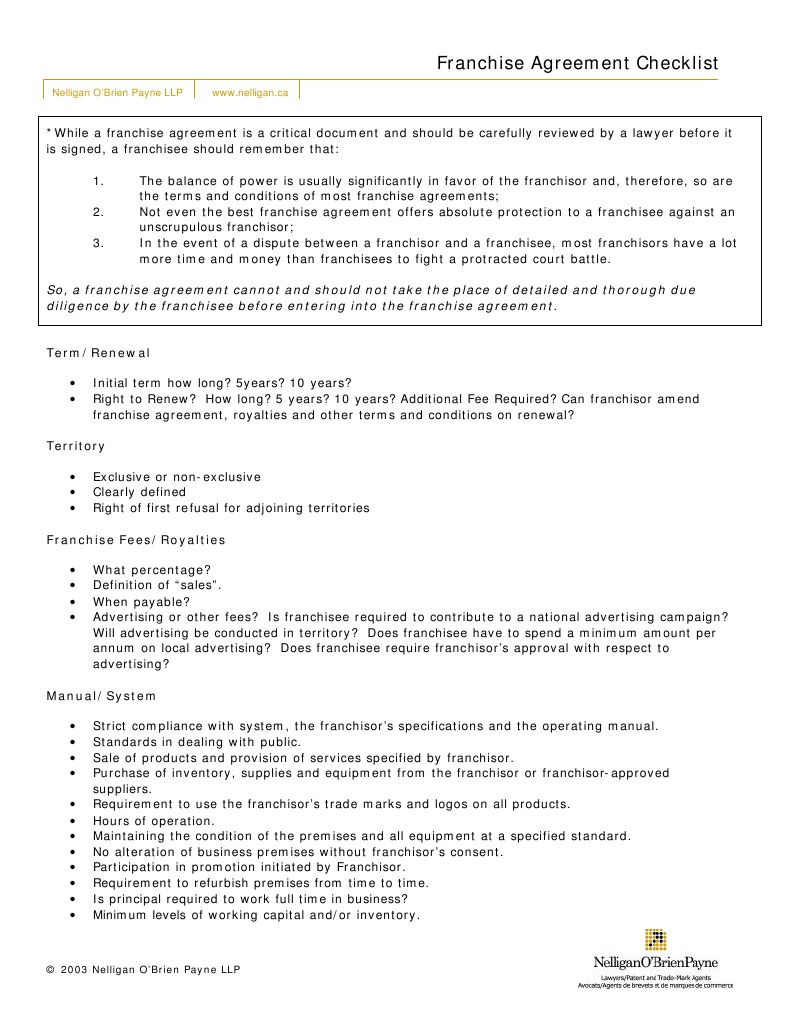 Franchise Agreement Checklist | PDF | Franchising | Service Industries