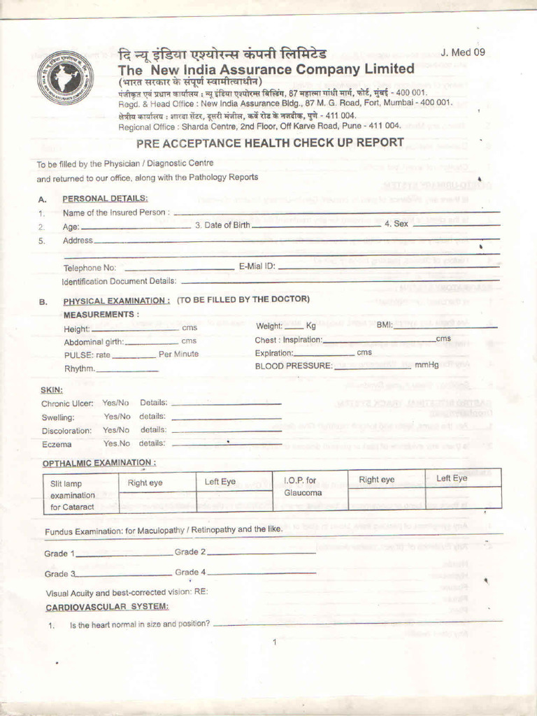 Pre Acceptance Health Check Up | PDF
